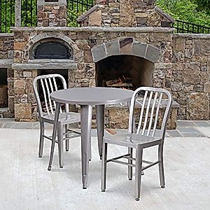 Flash Furniture Craig Commercial Grade 30" Round Silver Metal Indoor-Outdoor Table Set with 2 Vertical Slat Back Chairs