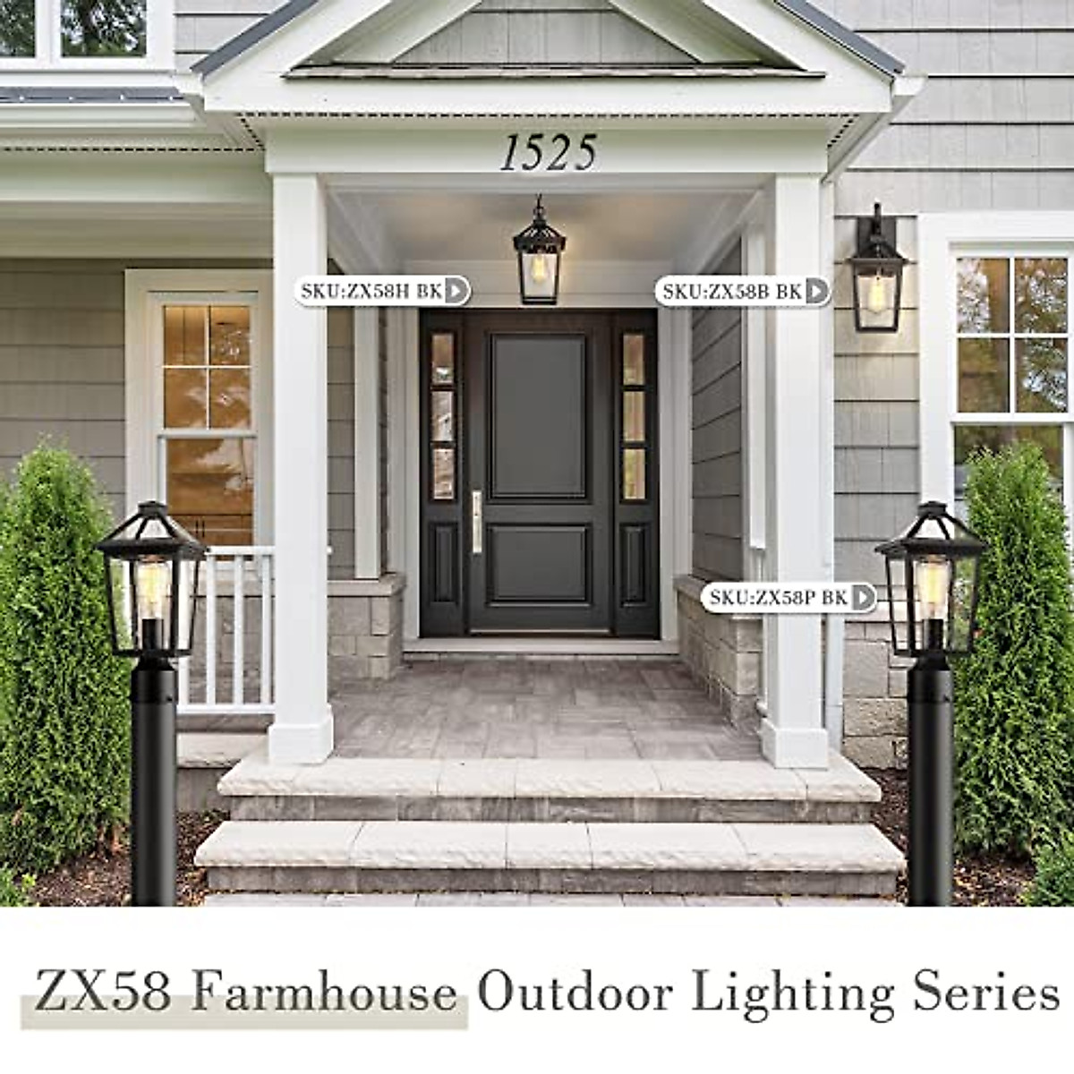zeyu Farmhouse Outdoor Post Light Fixture, 13.4 Inch Column Lamp Post Lantern for Garden Patio House, Die-Cast Aluminum in Black Finish, Seeded Glass Shade, ZX58P BK
