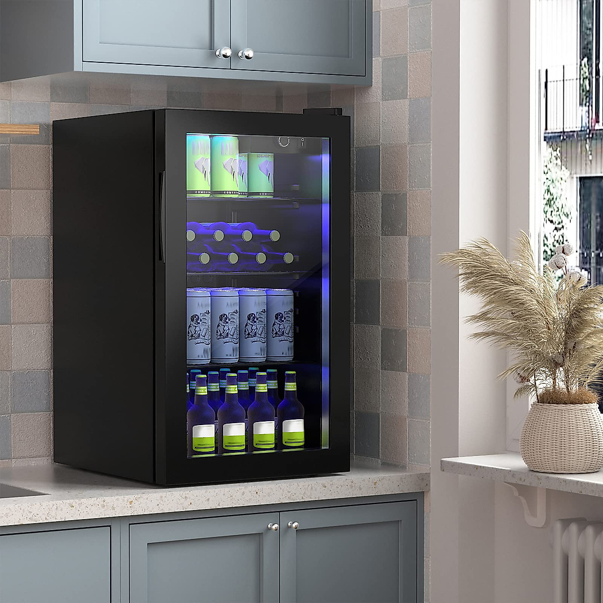 ORALNER Beverage Refrigerator Cooler, 120-Can Beverage Center w/Glass Door & Adjustable Shelf, Blue LED Light, 3.2 Cu.Ft Drink Wine Cooler for Beer Pop Soda, Mini Fridge for Basement, Garage, Dorm