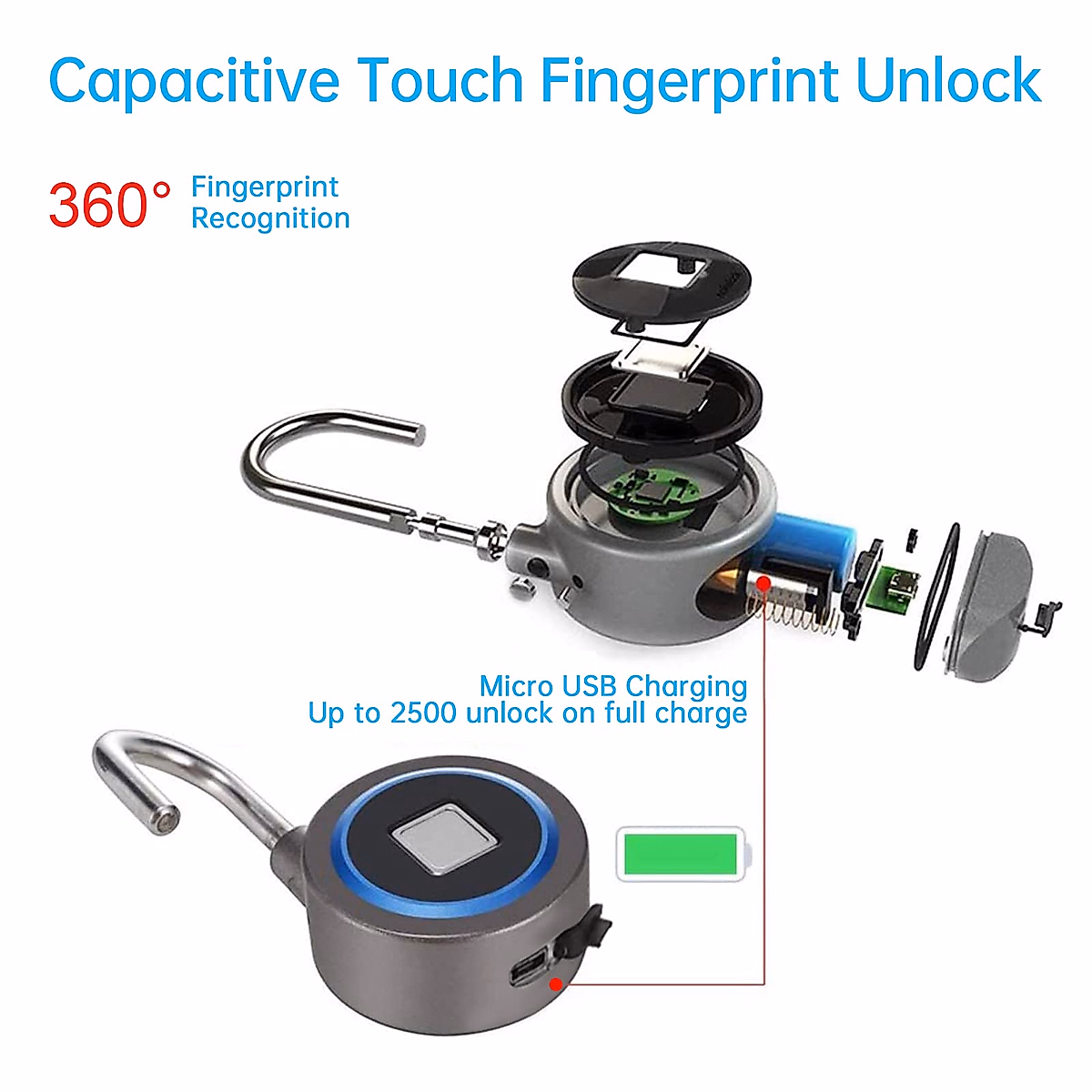 Fingerprint Padlock, Bluetooth Lock, Mobile APP, MEGAFEIS Smart Padlock with Keyless Biometric, Water Resistant, Suitable for Gym, Sports, Bike, School, Fence and Storage(Blue)