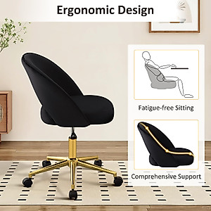 Furniliving Velvet Home Office Chair, Height Adjustable Swivel Vanity Chair with Wheels, Upholstered Desk Task Makeup Chair Computer Chair with Gold Metal Base Stool Chairs (Black)