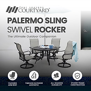 Four Seasons Courtyard Palermo Swivel Rocker Sling Fabric Outdoor Furniture Lounge Arm Chair with Supportive Aluminum Frame, 2 Pack, Gray