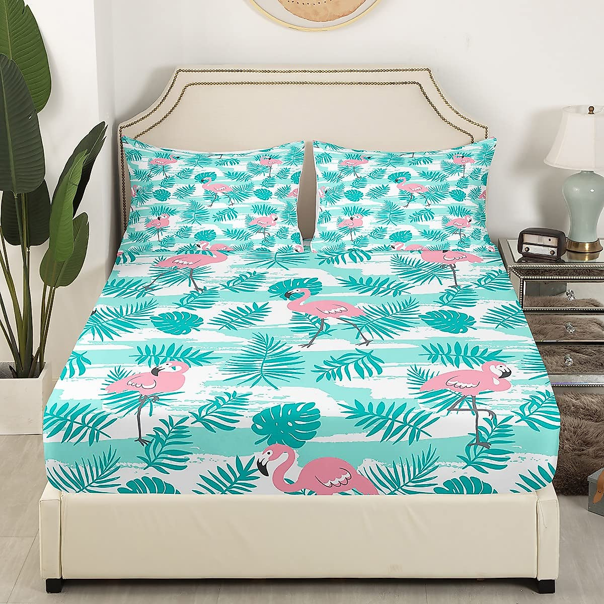 Manfei Flamingo Kids Sheet Queen Size,Palm Leaves Tropical Plants Bedding Set,Girls Boys Adults Bedroom Decor,Cartoon Animals Stripes Pink Romantic Bed Sheet Set 4pcs(Fitted + Flat + 2 Pillowcases)