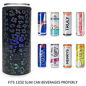 Swig Sip Skinny Can Cooler - Double Wall Stainless Steel Vacuum Insulated Can Holder for 12oz Slim Tall Beverage Bridesmaid Gift (Laser Black Leopard)