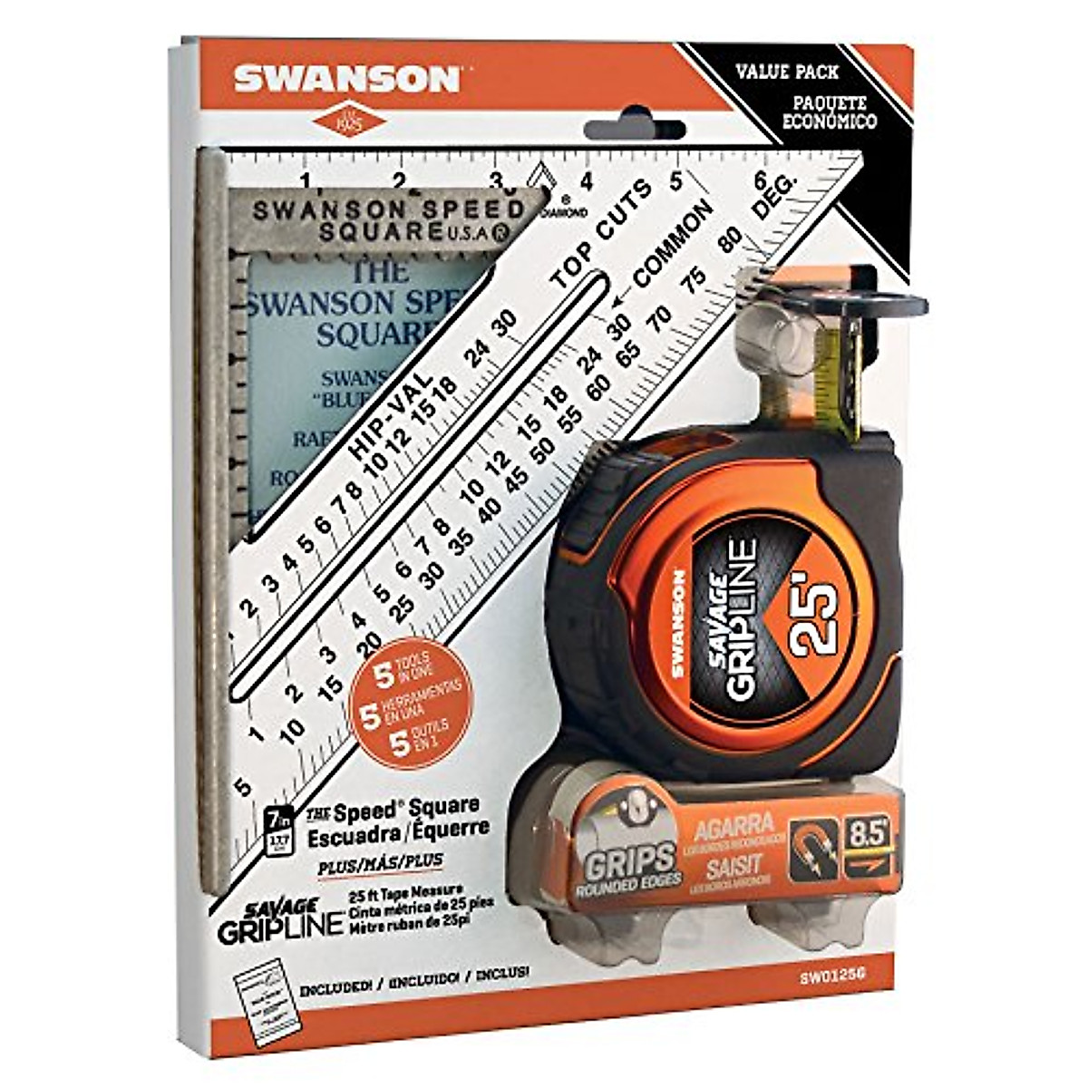 Swanson SW0125G 7" Speed Square Layout Tool & 25' Savage Gripline Tape Measure Kit