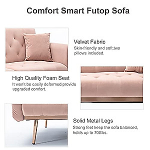 YINKUU Velvet Futon Sofa Bed,Modern Tufted Fabric Couch with 2 Soft Pillows, Modern Loveseat Convertible Sleeper Sofa for Living Room and Bedroom (Pink)