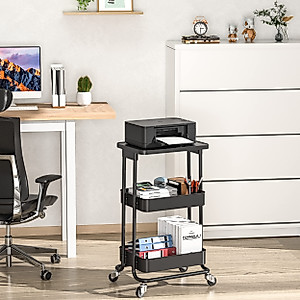 TOOLF 3-Tier Metal Rolling Storage Cart with Tabletop, Utility Rolling Carts with Wheels,Trolley Organizer with Handle for Library Office Classroom Home Bedroom, Black