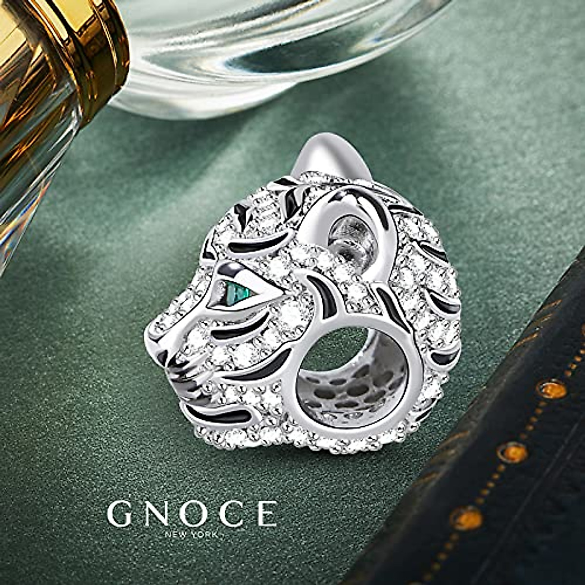 GNOCE Royal Tiger Head Charms for Bracelet S925 Sterling Silver Animal Bead Charm Tiger Punk Rock Pendant Charms for Women Men Necklace