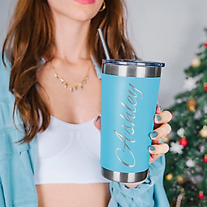 Personalized Tumbler with Engraved Name - 12 Designs, 20 Oz Coffee Tumbler with Slider Lid, Sky Blue, Double Wall Insulated - Custom Gifts for Women