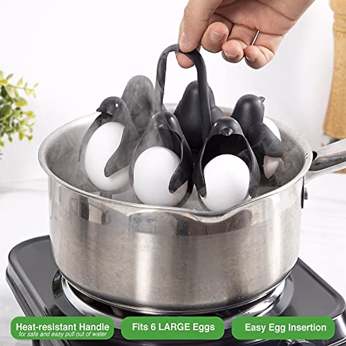 Egg Holder Hard Boiled Egg Cooker - Penguin Shaped Boiled Eggs Cooker - 3-In-1 Cook, Store And Serve Egg Holder Kitchen Gadget Home Decor - Egg Rack for 6 Soft or Hard Boiled Egg - Black