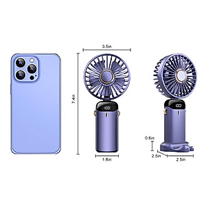 Portable Handheld Fan, Type-C Rechargeable, 4000mAh Battery Operated Fan with LED Display, 90° Foldable , 5 Speed Wind,Handheld/Neck/Desk 3 in 1 Personal Small Fan, Makeup Fan for Women (Purple)