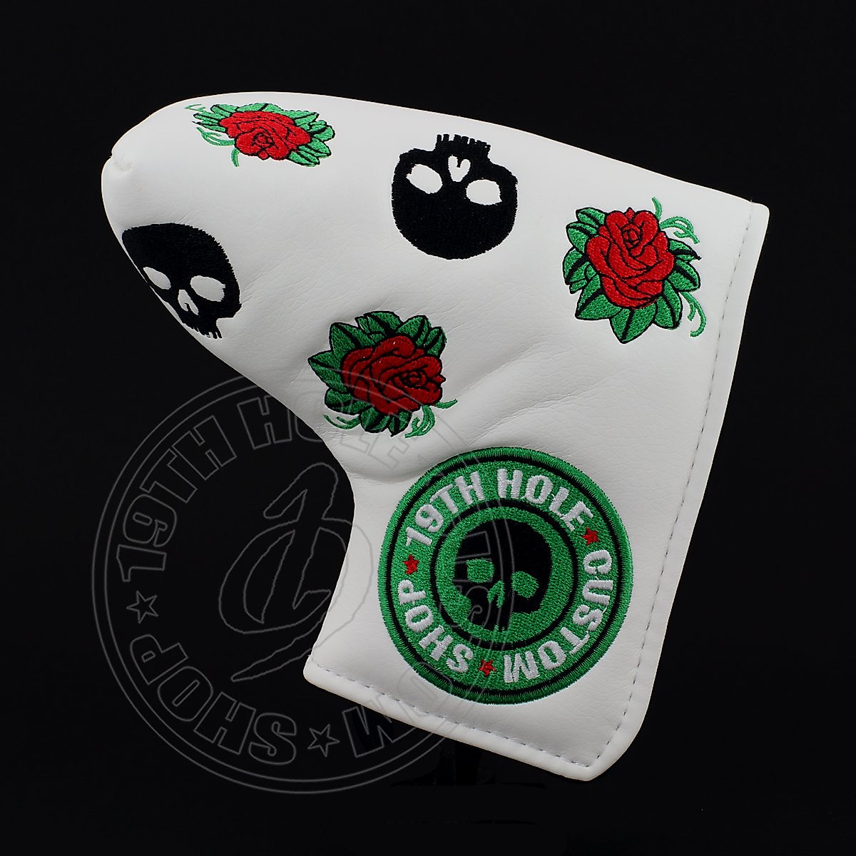 Skull and Rose Headcover for Blade and Midsize Mallet Putter, White, Golf Head Cover
