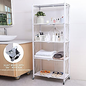 Letusto Foldable Collapsible Shelf with Wheels & Breaks - Folding Shelf Heavy Duty Metal Frame Pantry Shelving Unit - Origami Bookcase - No Assembly Bookshelf (White, 5 Tier)