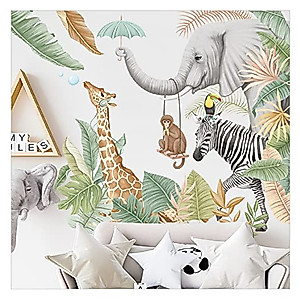 Africa Jungle Animal Wall Stickers,giraffe elephant Zebra Monkey plant Wall Decals, Peel and Stick Removable Wall decor, Diy Art Mural Decoration,Jungle Wallpaper for Kids Baby Nursery Kindergarten Living Room Toddler boys Girls Bedroom