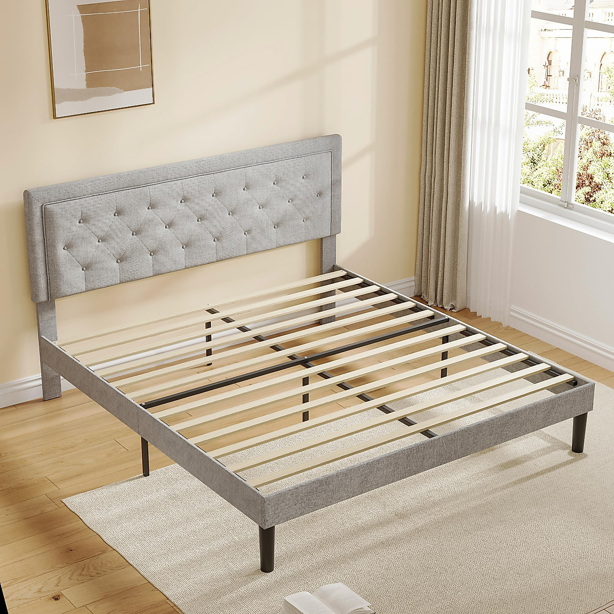 GJHOME Queen Size Bed Frame Upholstered Platform Bed with Adjustable Headboard, Button Tufted, Wood Slat Support, Easy Assembly, Light Gray