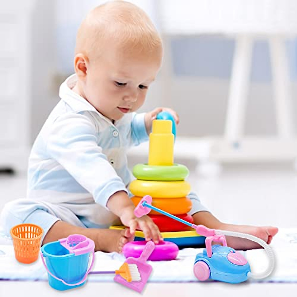 9 Pieces Miniature Dollhouse Cleaning Supplies, Mini Mop, Dustpan, Brush, Broom and Bucket Housework Tools, Doll House Accessories Pretend Play Decoration