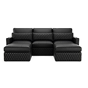 Seatcraft Diamante Sofa w/Two Ottomans, Living Room, Italian Leather, Down Feather Lining, Strong Engineered Reinforced Wood Frame, Black