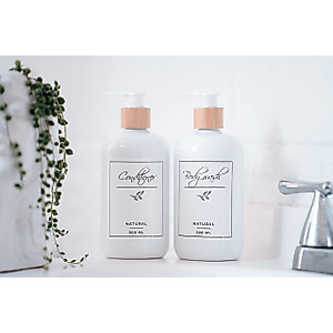 YS STORE Shampoo and Conditioner Dispenser - Refillable Bath Set of 3 16oz Bamboo Pump with Funnel White Containers for Body Wash, Waterproof label, clean and modern.