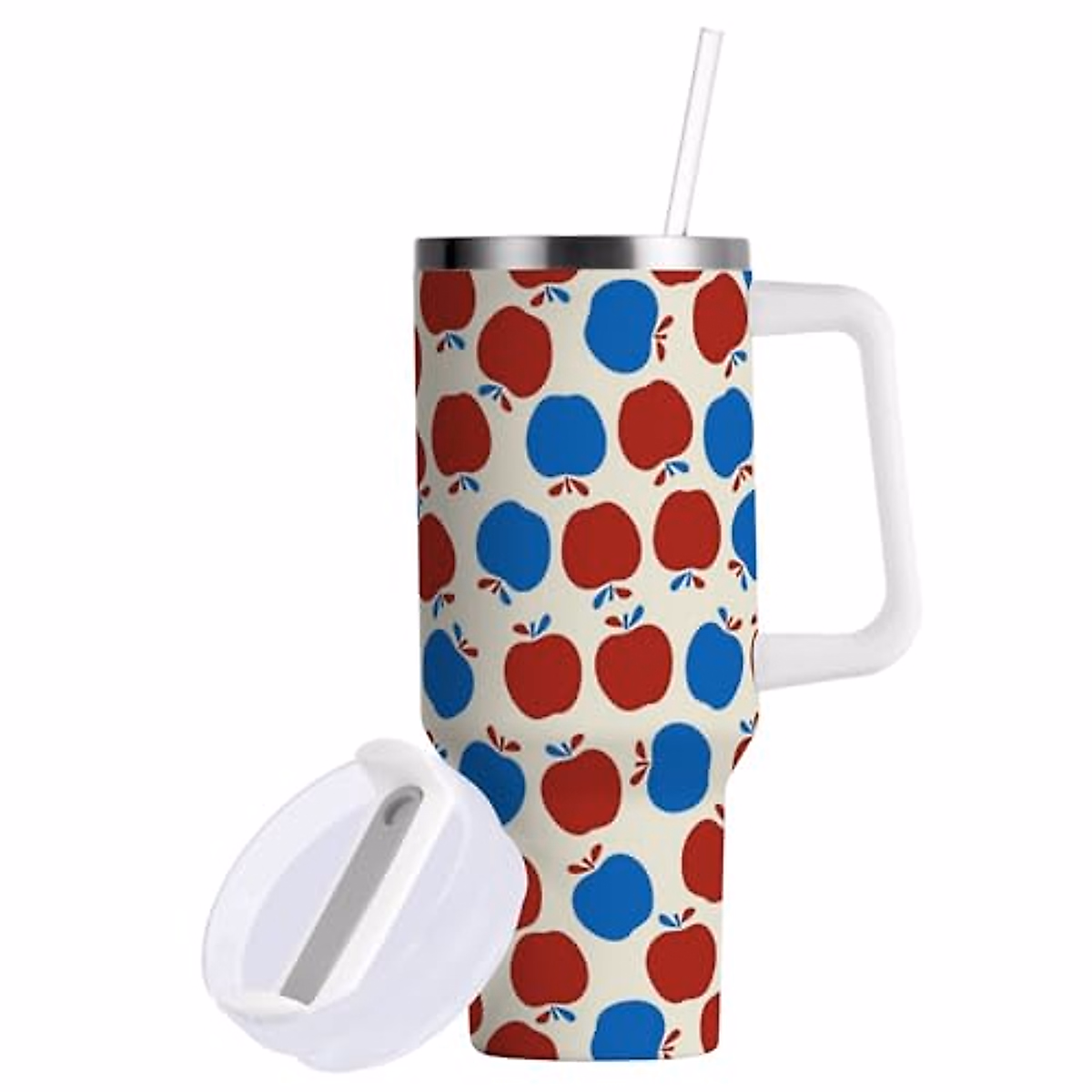 Wfrish Tumbler with Handle and Straw Lid,Red Blue Apple Print 40 oz Insulated Coffee Cup Stainless Steel Fruit Water Bottle Travel Mug Cupholder Friendly,Gifts for Women Men