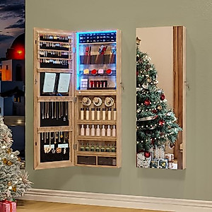 LVSOMT Wall Mount Mirror Jewelry Cabinet with LED Lights, Hanging/Over the Door Jewelry Organizer, Lockable Jewelry Armoire Mirror, Full Length Mirror with Jewelry Storage, Brown
