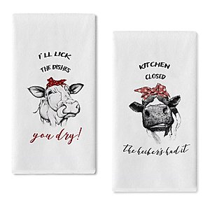 Seliem Funny Farm Cow Kitchen Dish Towel, Kitchen Closed The Heifers Had it I’ll Lick The Dishes You Dry Sign Tea Bar Hand Drying Cloth, Country Farmhouse Fun Animal Decor Home Decorations 18” x 26”