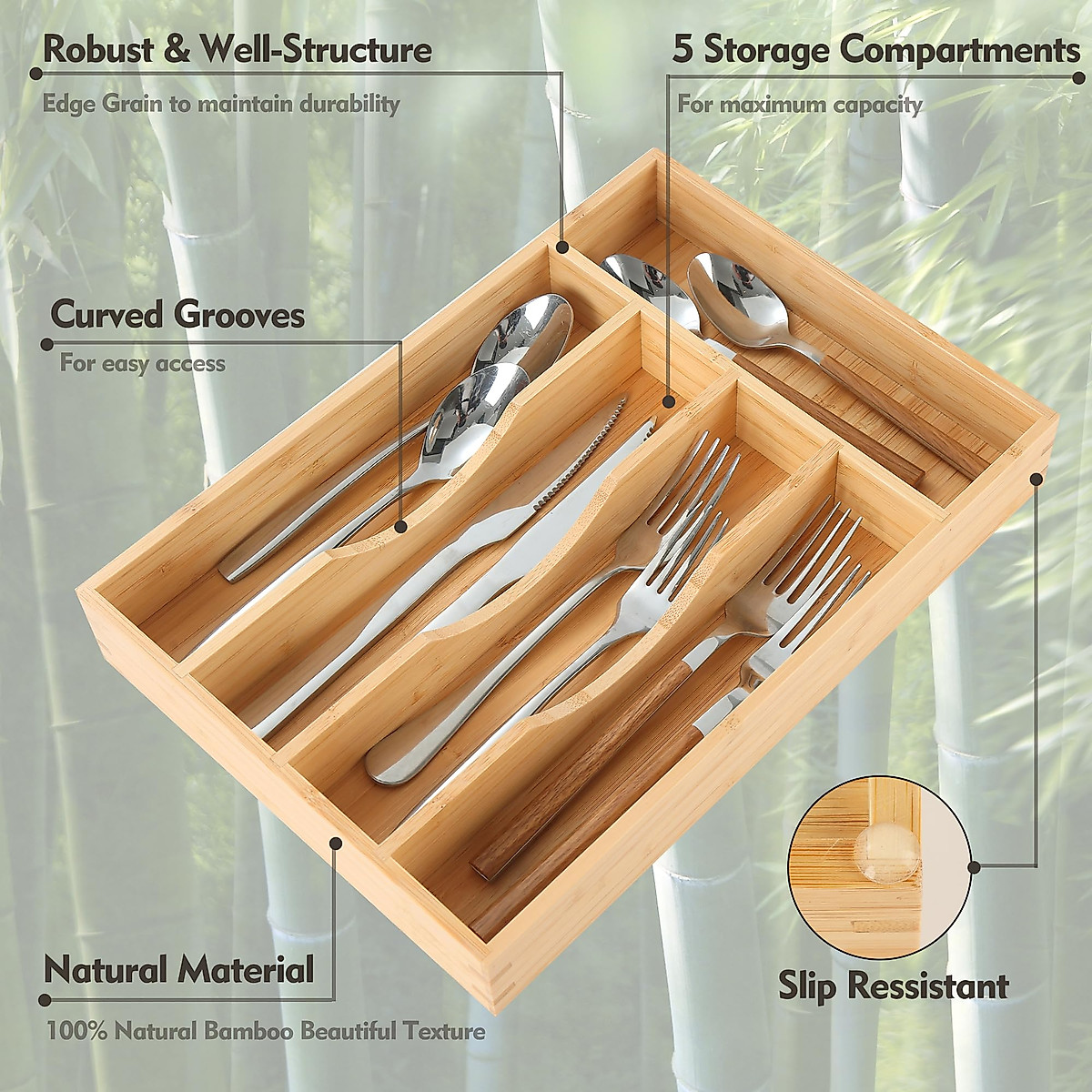 Upassion Bamboo Kitchen Drawer Organizer, 9 Inch Silverware Utensil Holder for Samll Drawer, Narrow Silverware Organizer for Cutlery Knives