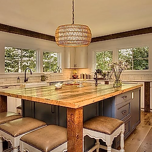 Rattan Farmhouse Chandelier Light Fixtures, 5-Lights Boho Large Pendant Light,Hand Woven Chandeliers for Dining Room with Fabric Shade,Rustic Chandeliers Hanging Light Fixtures for Kitchen Island