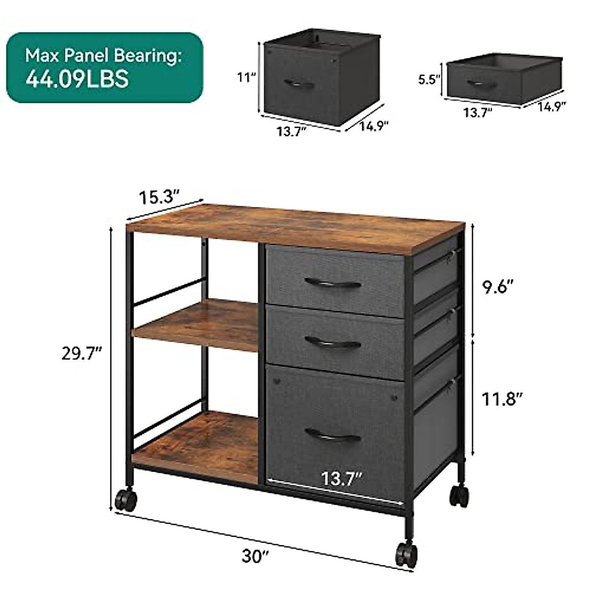 YITAHOME 3 Drawer Lateral File Cabinet, Mobile Printer Stand with Open Storage Shelf, Fabric Filing Cabinet for Home Office, Rolling File Cabinet Fits A4/Letter Size, Dark Grey