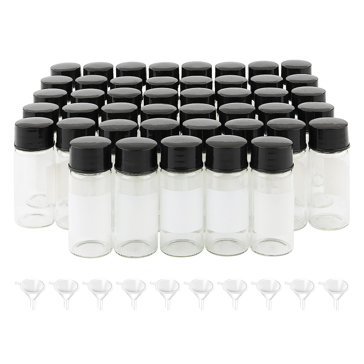 Newzoll 45Pcs 10ml Small Empty Glass Vials, Clear Liquid Sample Glass Bottles Jars, Mini Glass Thread Cap Bottles with Write-on Spot and 10 Funnels