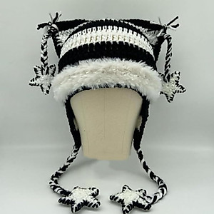 Beanies Cat Beanie Y2k Beanie Goth Knit Hat Grunge Crochet Hats for Women y2k Accessories (Black Green)