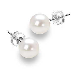 Pearl Earrings 14K White Gold White Freshwater Cultured Pearl Stud Earrings for Women (6mm)