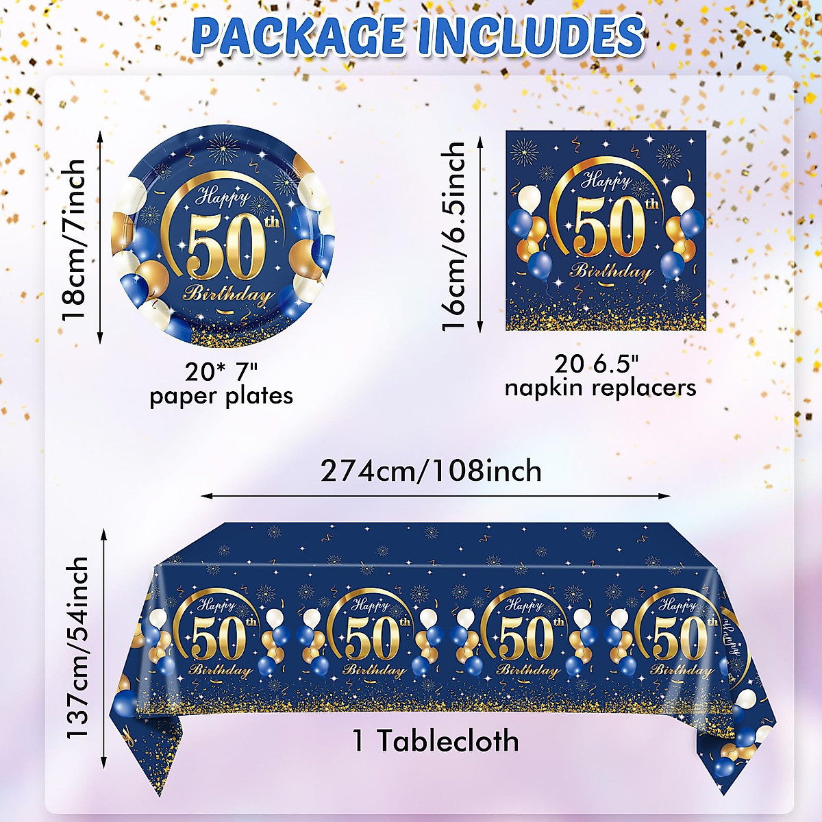 41PCS 50th birthday decorations men Navy Blue and Gold 50th Anniversary Decorations Disposable Tableware Include Plates Napkins Tablecloth Serve 20