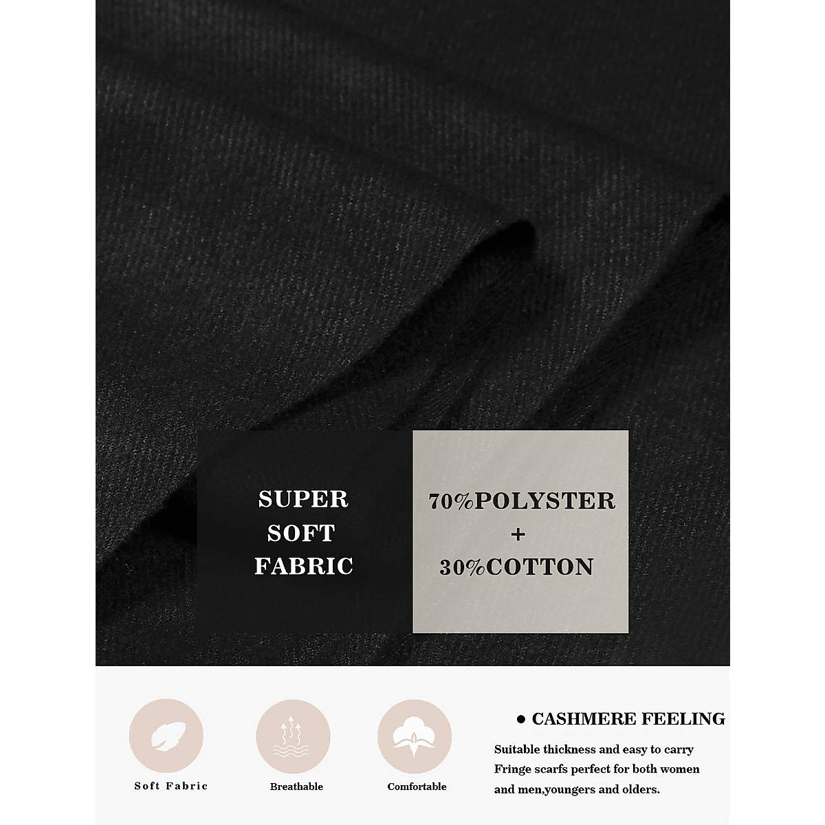 EASE LEAP Pashmina Scarfs for Women Silky Shawls and Wraps for Evening Dresses Soft Large Scarves Wedding Warm Stylish Solid Color, Black