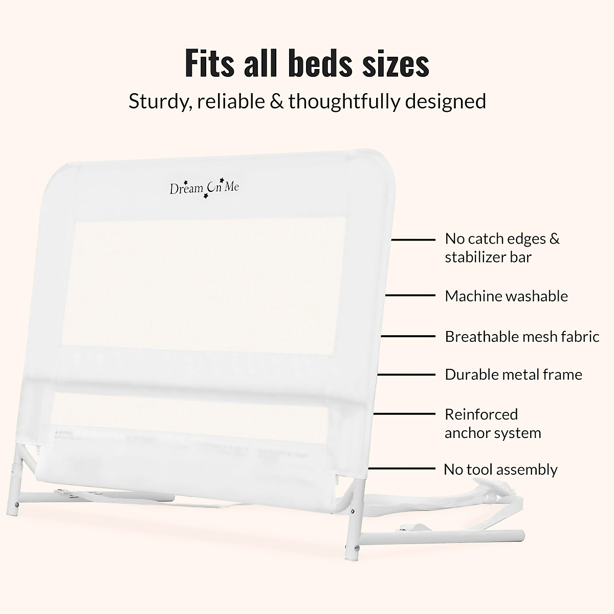 Dream On Me Lightweight Mesh Security Adjustable Bed Rail for Toddler with Breathable Mesh Fabric in White
