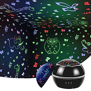 MIANTANG 360° Rotating Night Light Projector for Kids, 2-in-1 Wild Animals and Vehicles Themes Bedroom Decor Projection, Multi Colors Baby Bedtime Learning Story Gifts