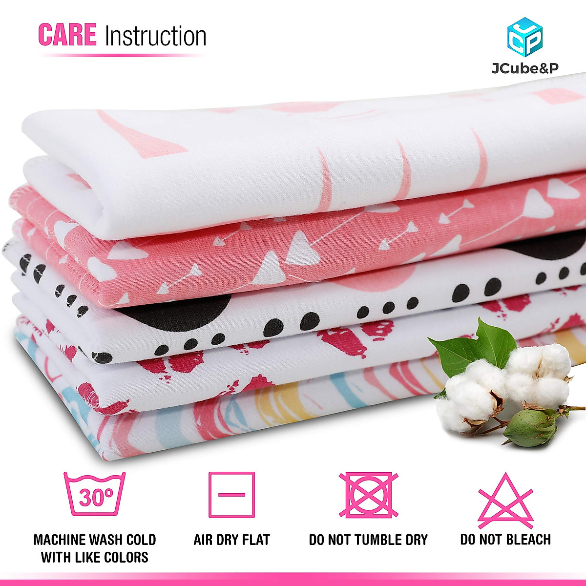 JCUBE&P Girl Burp Cloths - Organic Cotton & Fleece Burp Clothes - Soft & Absorbent Curvy Burp Rags - 5-Pack Contoured Set Burp Towels - Newborns & Infants Girl Burpy Cloths (Grace)