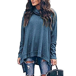 ASHER FASHION Women's Cowl Neck Long Sleeve Waffle Knit Top Pullover Sweater Navy Blue M
