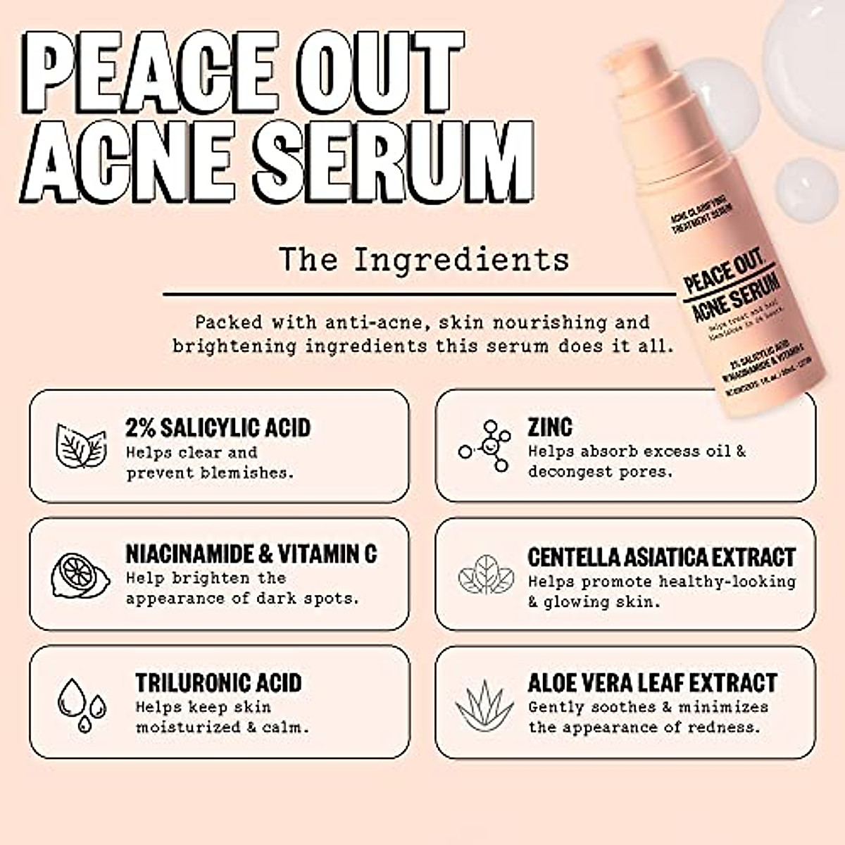 Peace Out Skincare Acne Serum. Daily Multi-Benefit Face Serum with 2% Salicylic Acid to Target Pimples, Zits, Blemishes and Breakouts, For Clearer-Looking Skin 1 fl oz