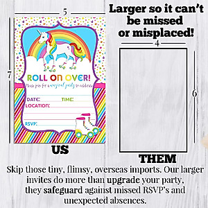 Colorful Unicorn Rainbow Roller Skating Birthday Party Invitations, 20 5x7 Fill In Cards with Twenty White Envelopes by AmandaCreation