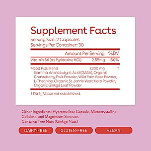 Love Wellness Mood Pill Supplement | Promotes a Happy Mood | Helps with PMS Hormones, Stress Relief, & Improves Mood | Vitamin B6, GABA, L-Theanine & Organic Ginkgo Biloba Leaf Powder | 60 Capsules