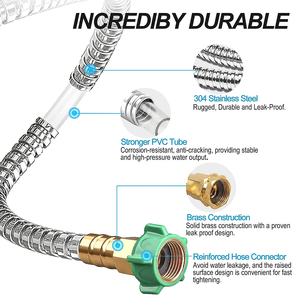 Metal Garden Hose 100FT, Stainless Steel Heavy Duty Water Hose with Brass Nozzle, Sturdy and Lightweight, No Kink & Tangle, Easy to Use & Store, Suitable for Yard and Lawn