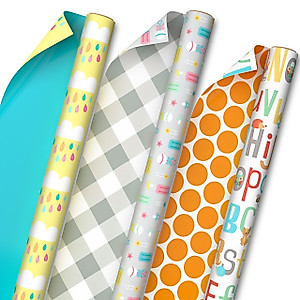 Hallmark All Occasion Reversible Wrapping Paper Bundle - Baby (3 Rolls - 75 sq. ft. ttl) Clouds, ABCs, Bottles, Polka Dots, Solid Blue, Gray Gingham