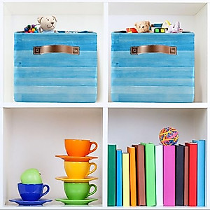 Blue Wood Panel Texture Storage Basket Bins Decorative Toy Organizer Bins Laundry Hamper Baskets with Handles for Pet Books Clothes Makeup Nursery Closet Office,1 pcs