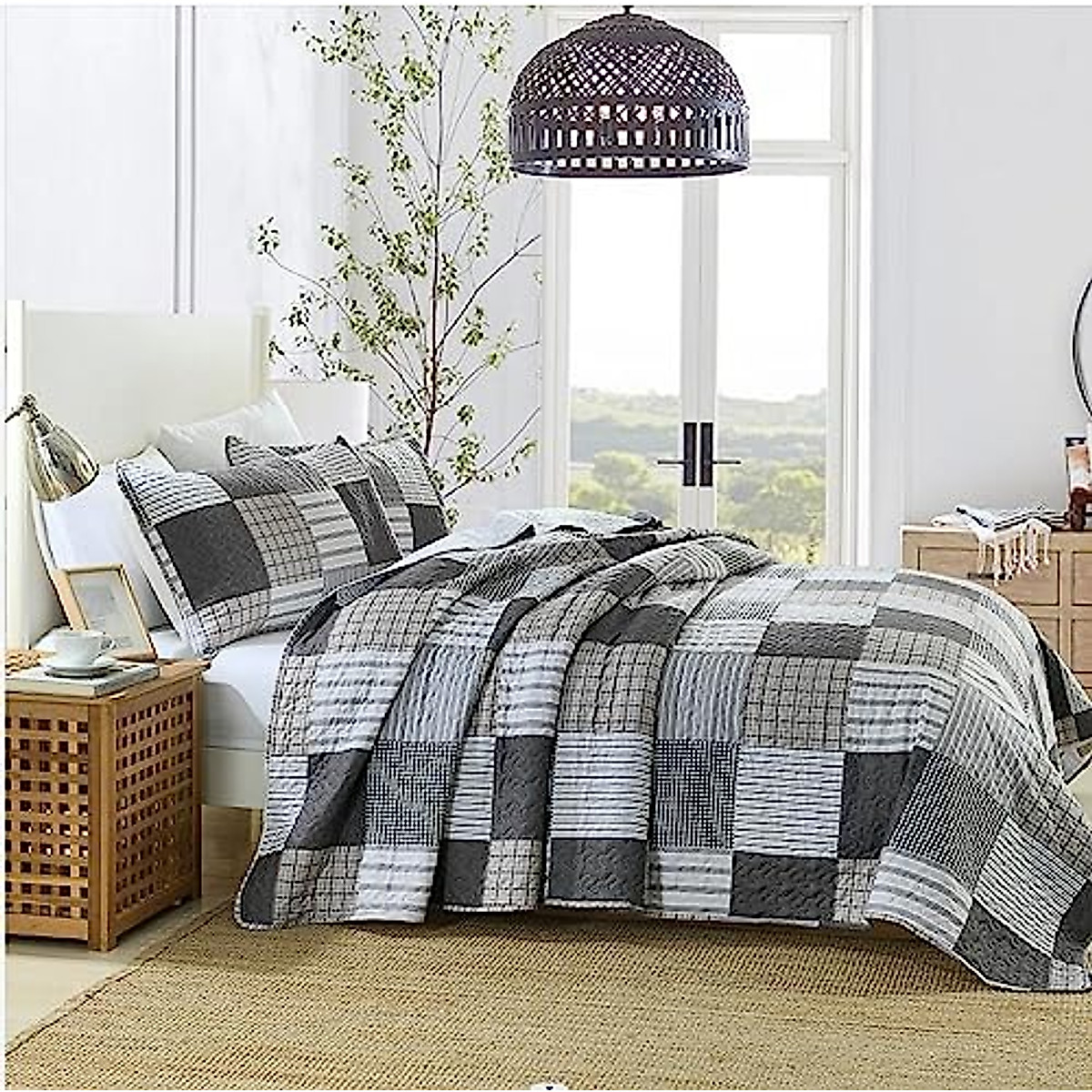 HIARUO Quilt Set Queen Size, 3 Pieces Bedspread Coverlet Plaid Patchwork Quilt Farmhouse Queen Size Comforter Set Lightweight Bedding with 2 Pillow Covers Shams for All Season Gray Brown White
