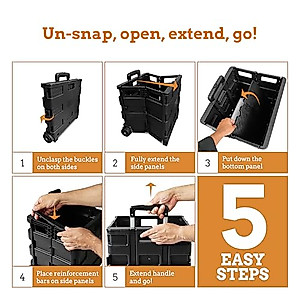 Inspired Living Ultra-Slim Rolling Collapsible Storage Pack-N-Roll Utility-carts, with Telescopic Handle, for Home, Garden, Shopping, Office, School use, Medium, Black