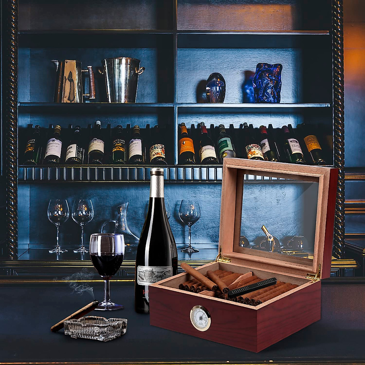 Somduy Cigar Humidor for 30-50 Cigars with Humidifier and Hygrometer,Desktop Cedar Wood Cigar Box Storage Case with Divider, Glass Top, Gift for Men,Reddish Brown