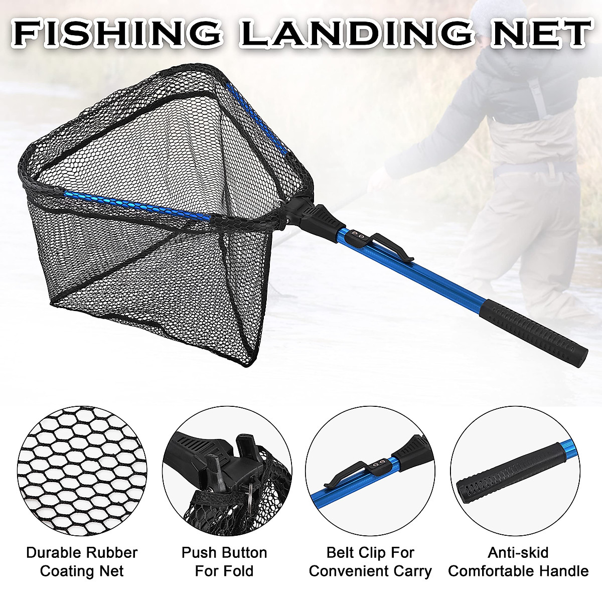 Fishing Landing Net with Telescoping Pole Long Handle Foldable Collapsible Rubber Floating Fishing Net Telescopic Extendable Fishing Net for Kayak Saltwater Freshwater Fishing (Blue, Single)