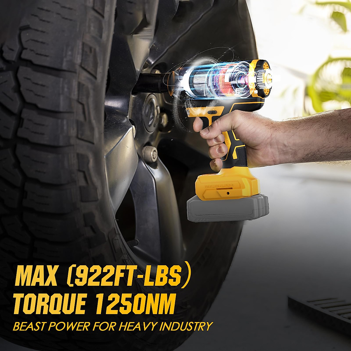 PFCTART Cordless Impact Wrench 1/2, 20V Electric Impact Gun 3300 RPM & Max Torque (1250N.m) 922ft-lbs, Brushless Power Impact Driver with 6 Impact Sockets, Impact Wrench for Tire Lug Nuts