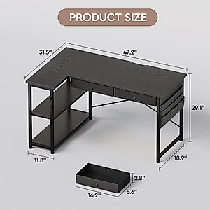 Ｍａｉｈａｉｌ Maihail Home Office Desk with Drawers and Shelves, 47” Computer Corner Desk for Small Space, Small L Shaped Desk with Side Storage for Bedroom, Black