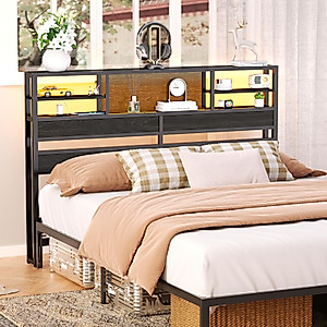 Furnulem Headboard Full Size with 3-Tier Shelf, Bookcase Storage Head Board with RGB LED Light and Charging Station,2 Outlets and 2 USB Ports,Black Wood Storage Cubbies & Metal Frame,Adjustable Height